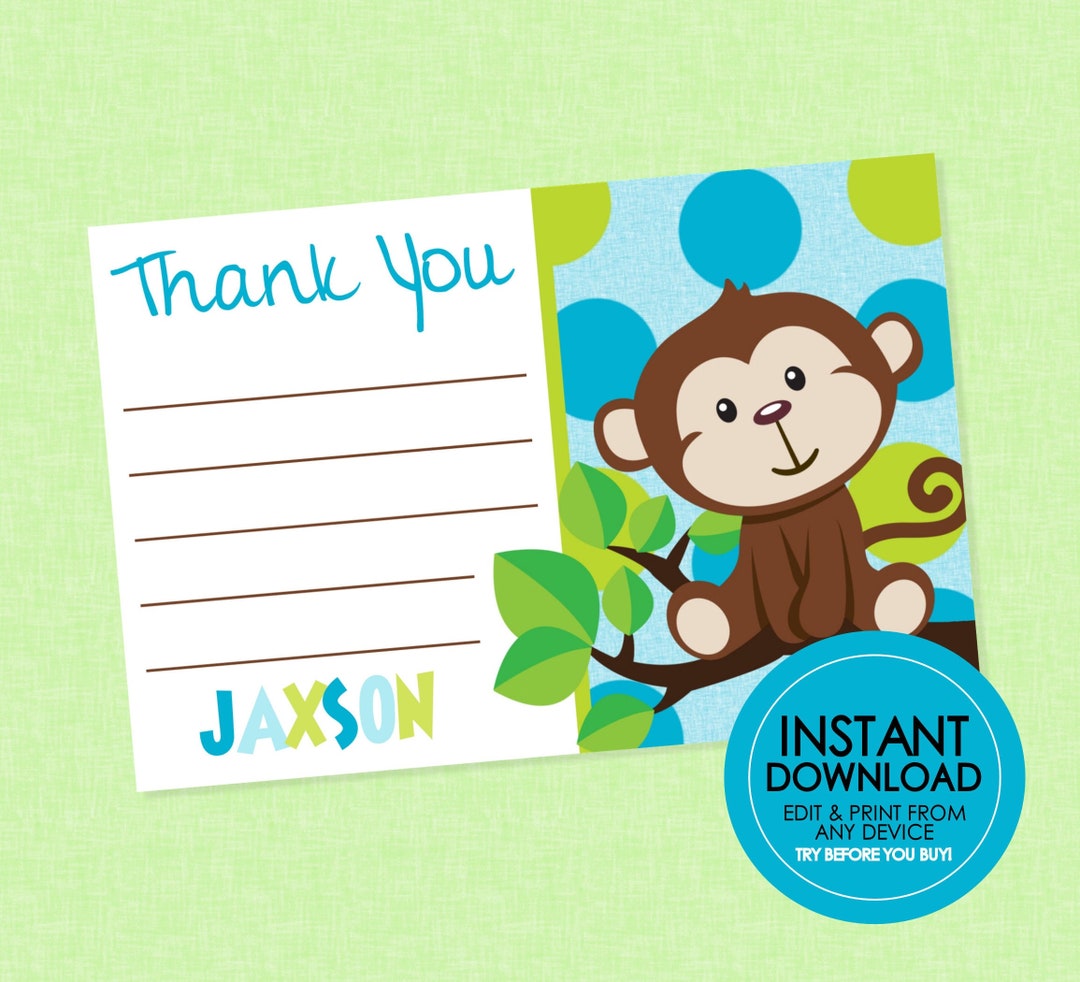 Monkey Birthday Thank You EDITABLE INSTANT DOWNLOAD Monkey Thank You ...