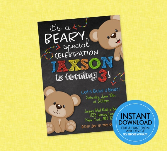 Teddy Bear Birthday Invitation EDITABLE INSTANT DOWNLOAD - Etsy