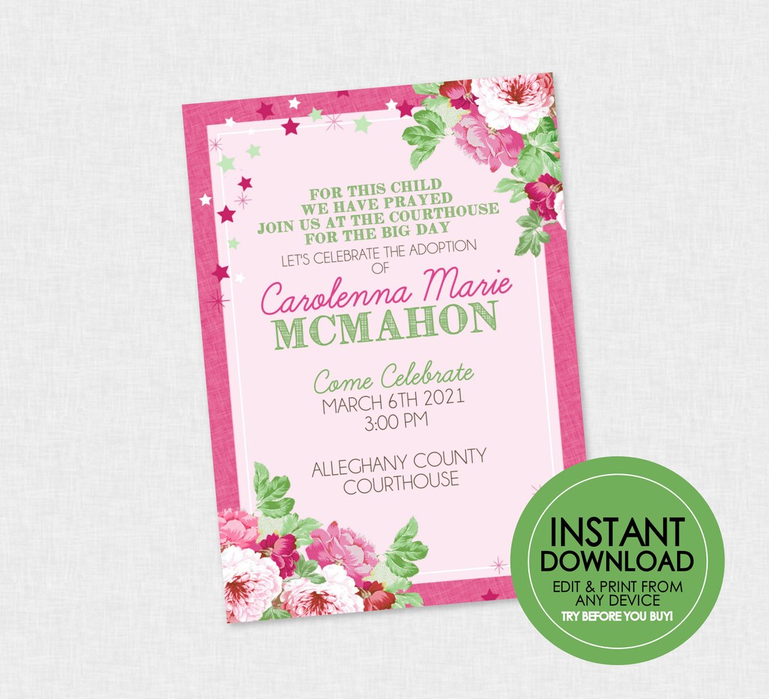 Floral Adoption Invitation - EDITABLE INSTANT DOWNLOAD - Adoption ...