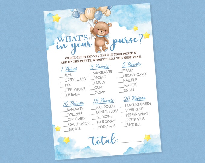 Bear What's in Your Purse Baby Shower Game - INSTANT DOWNLOAD - Bear ...