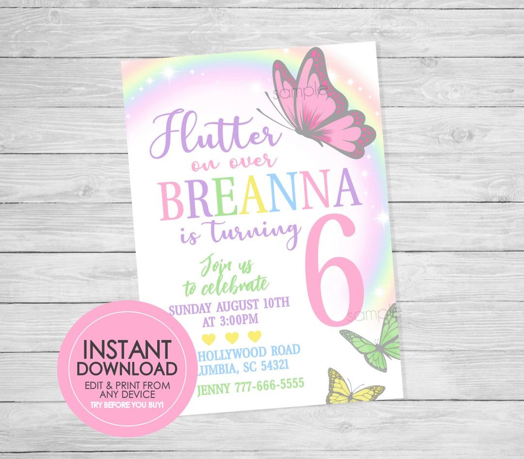 Pastel Rainbow Butterfly Birthday Invitations - EDITABLE INSTANT ...