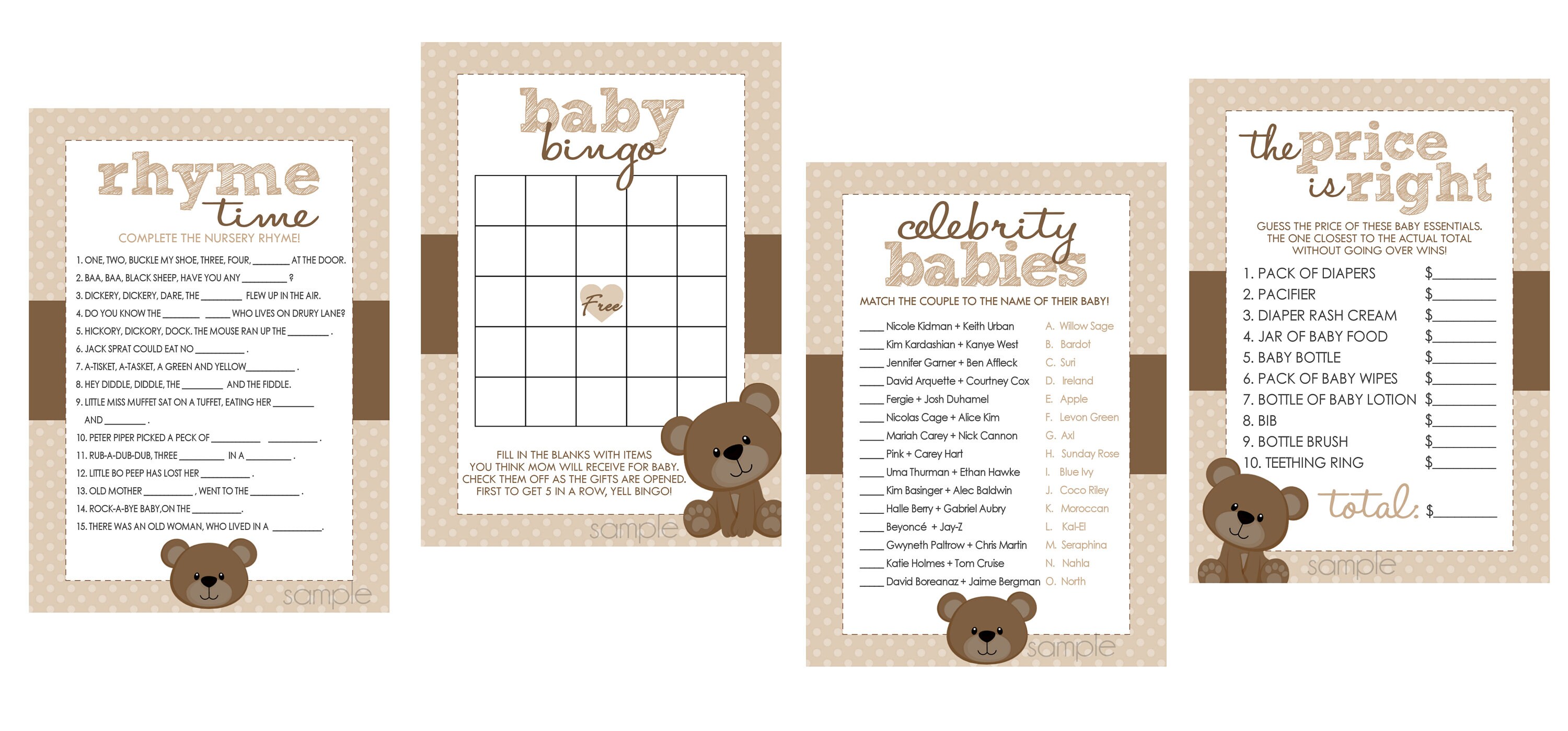 Teddy Bear Printable Baby Shower Games Party Pack of 7 + Answer Keys ...