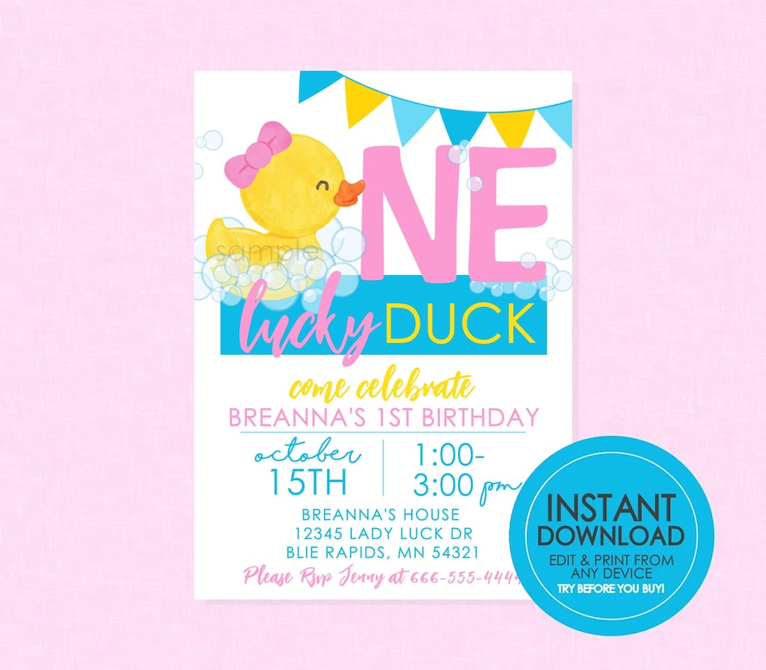 One Lucky Duck Watercolor Rubber Duck Birthday Invitation - EDITABLE ...