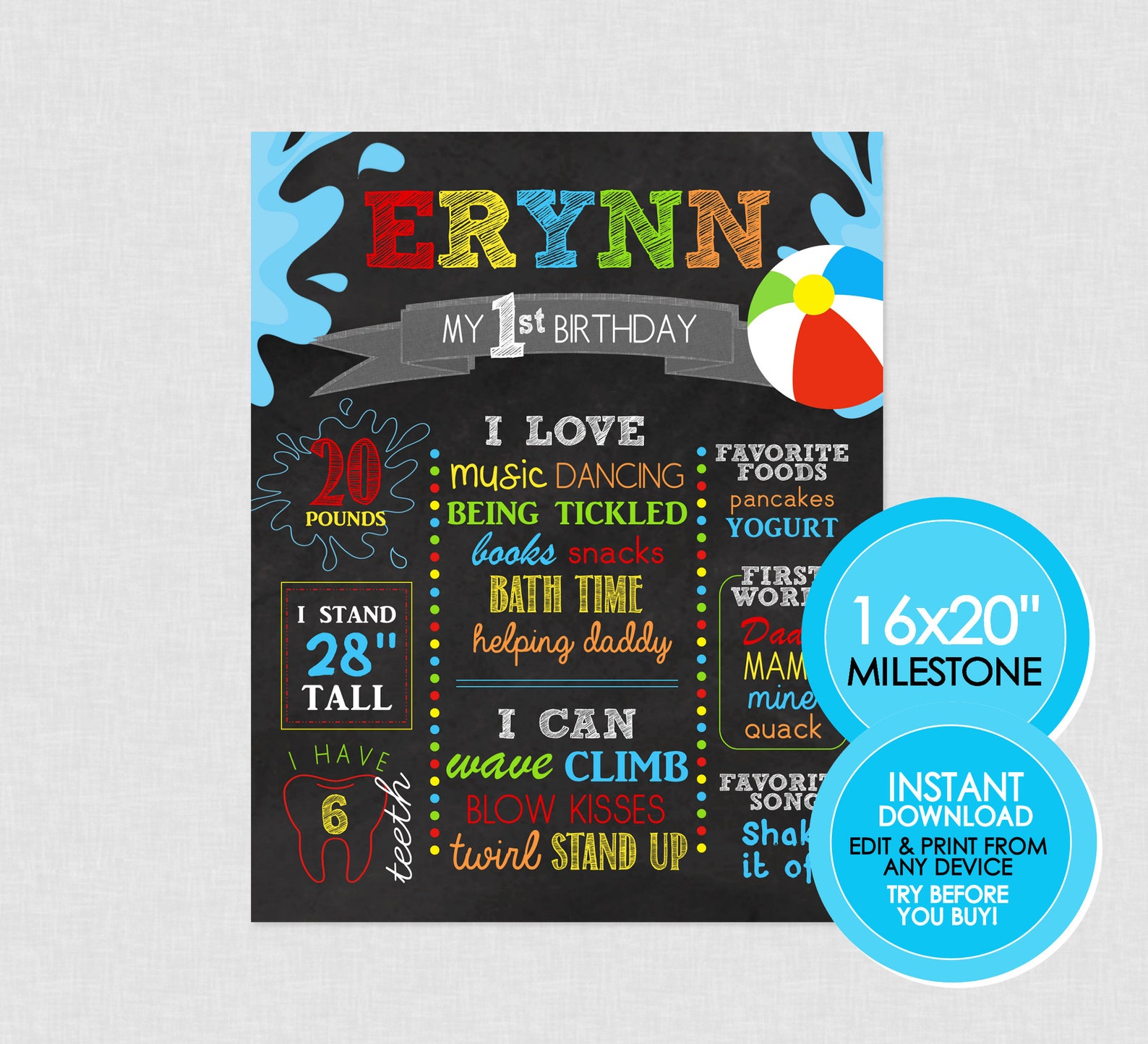 Splash Milestone Chalkboard - EDITABLE INSTANT DOWNLOAD - Beach ...