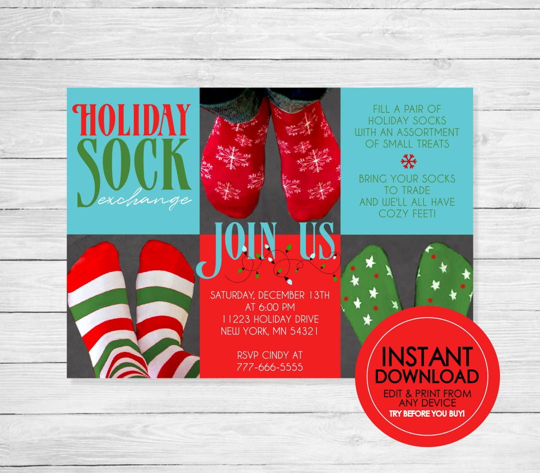 Christmas Sock Exchange Invitation EDITABLE INSTANT DOWNLOAD Holiday ...