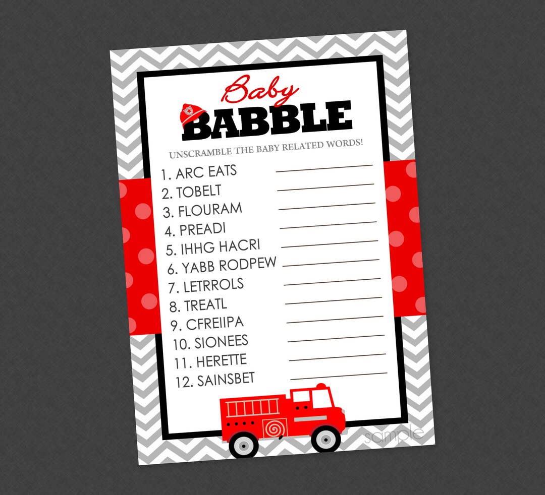 Firetruck Baby Word Unscramble Shower Game - INSTANT DOWNLOAD ...
