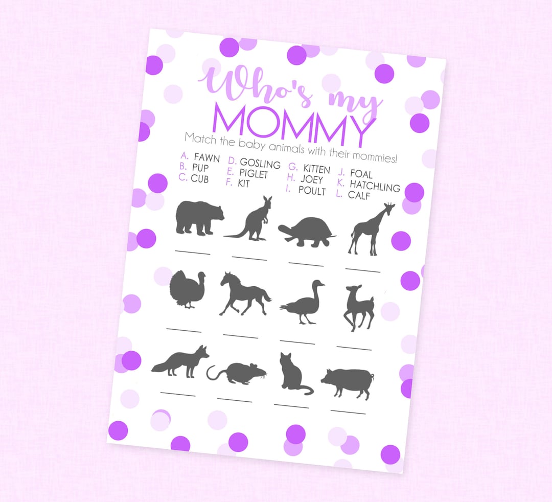 Purple Confetti Baby Animal Match Shower Game INSTANT DOWNLOAD Purple ...