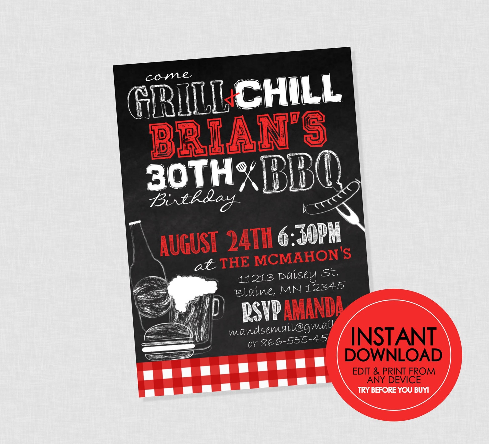 Grill & Chill Birthday Invite - Editable Instant Download - Adult ...