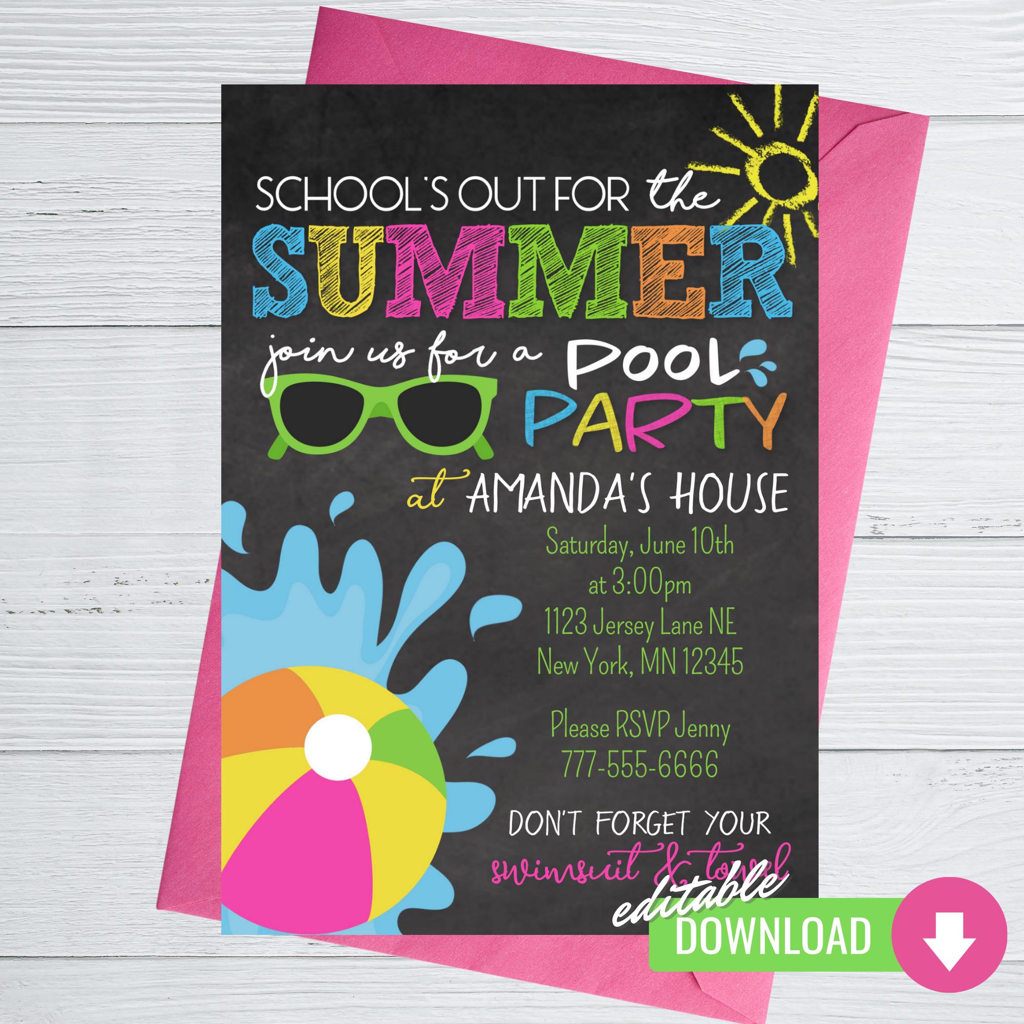 School is Out Summer Pool Party Chalkboard Invitation - EDITABLE ...