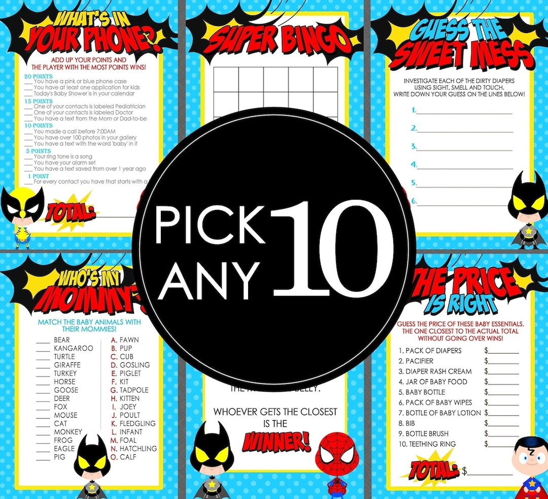 Superhero Baby Shower Games - PICK ANY 10 - 36 Games to Choose From ...