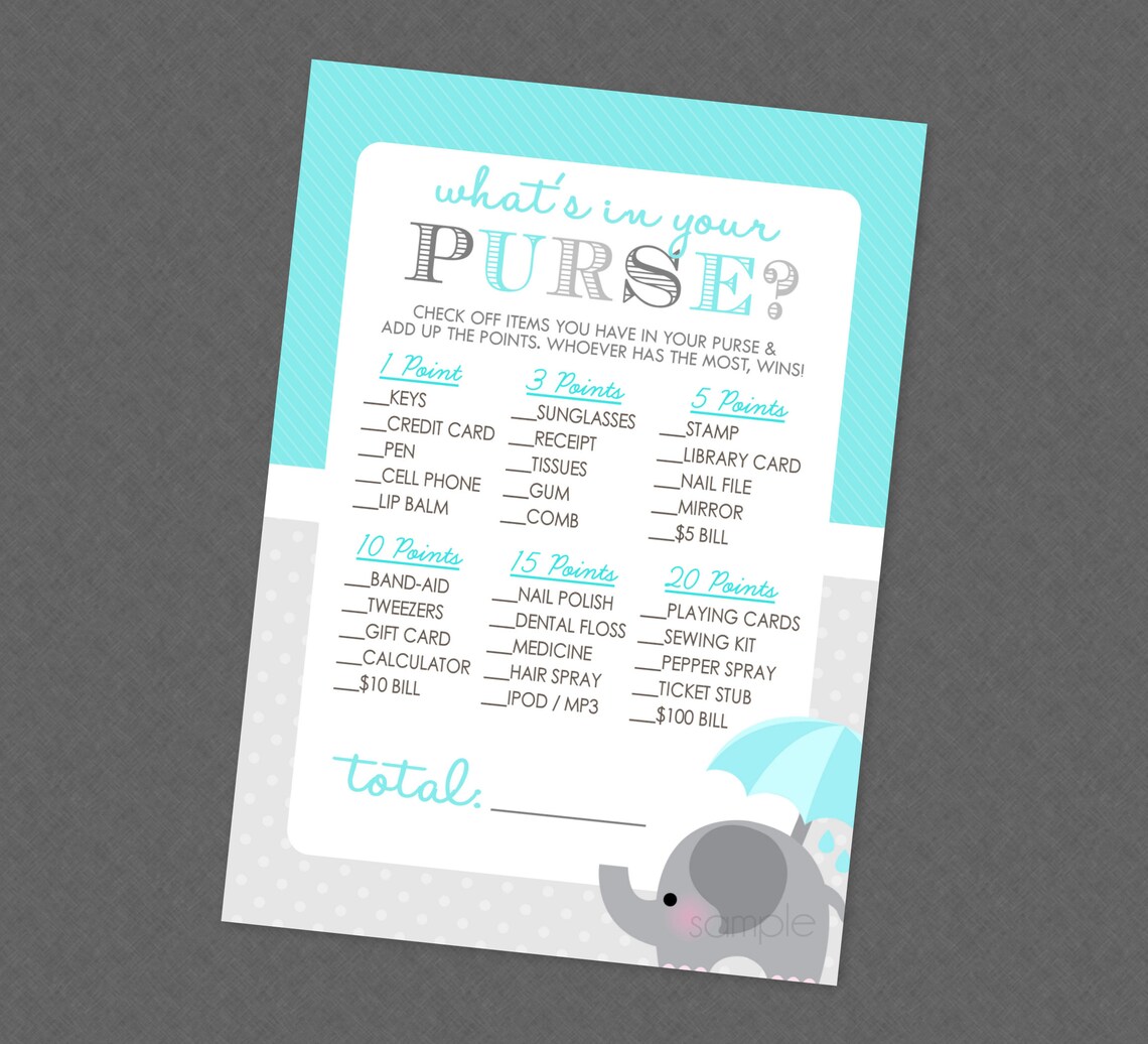 Elephant What's in Your Purse Baby Shower Game INSTANT | Etsy