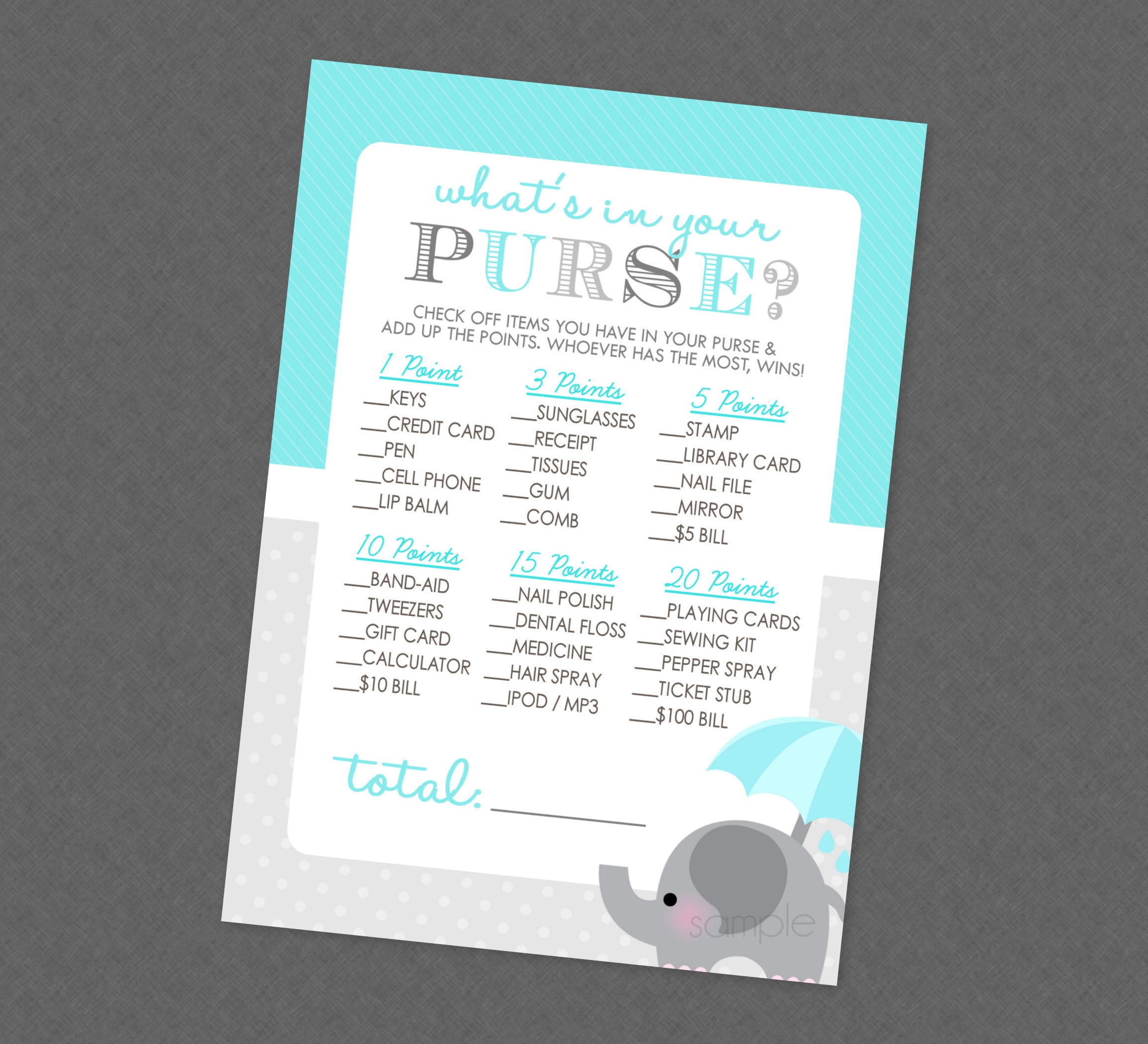 Elephant What's In Your Purse Baby Shower Game INSTANT | Etsy