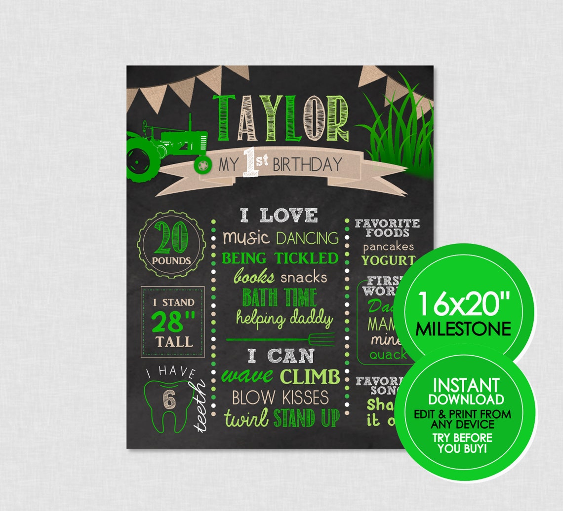 Vintage Tractor Birthday Milestone Chalkboard - EDITABLE INSTANT ...