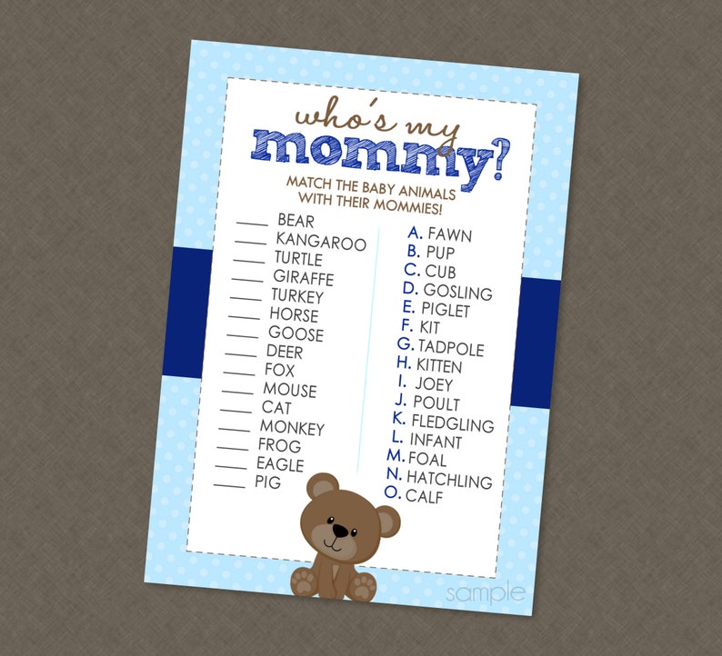 Teddy Bear Baby Animal Match Shower Game - INSTANT DOWNLOAD - Teddy ...