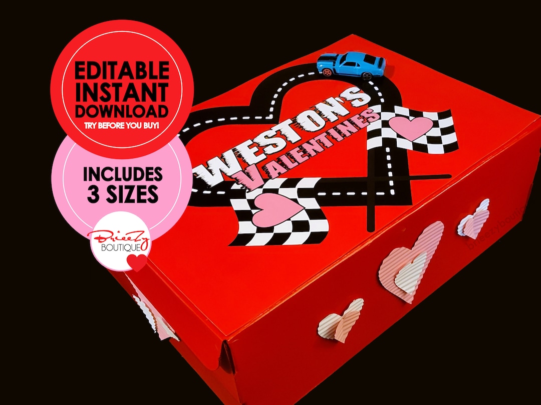Race Car Heart Printable for Valentines Box - EDITABLE INSTANT DOWNLOAD ...