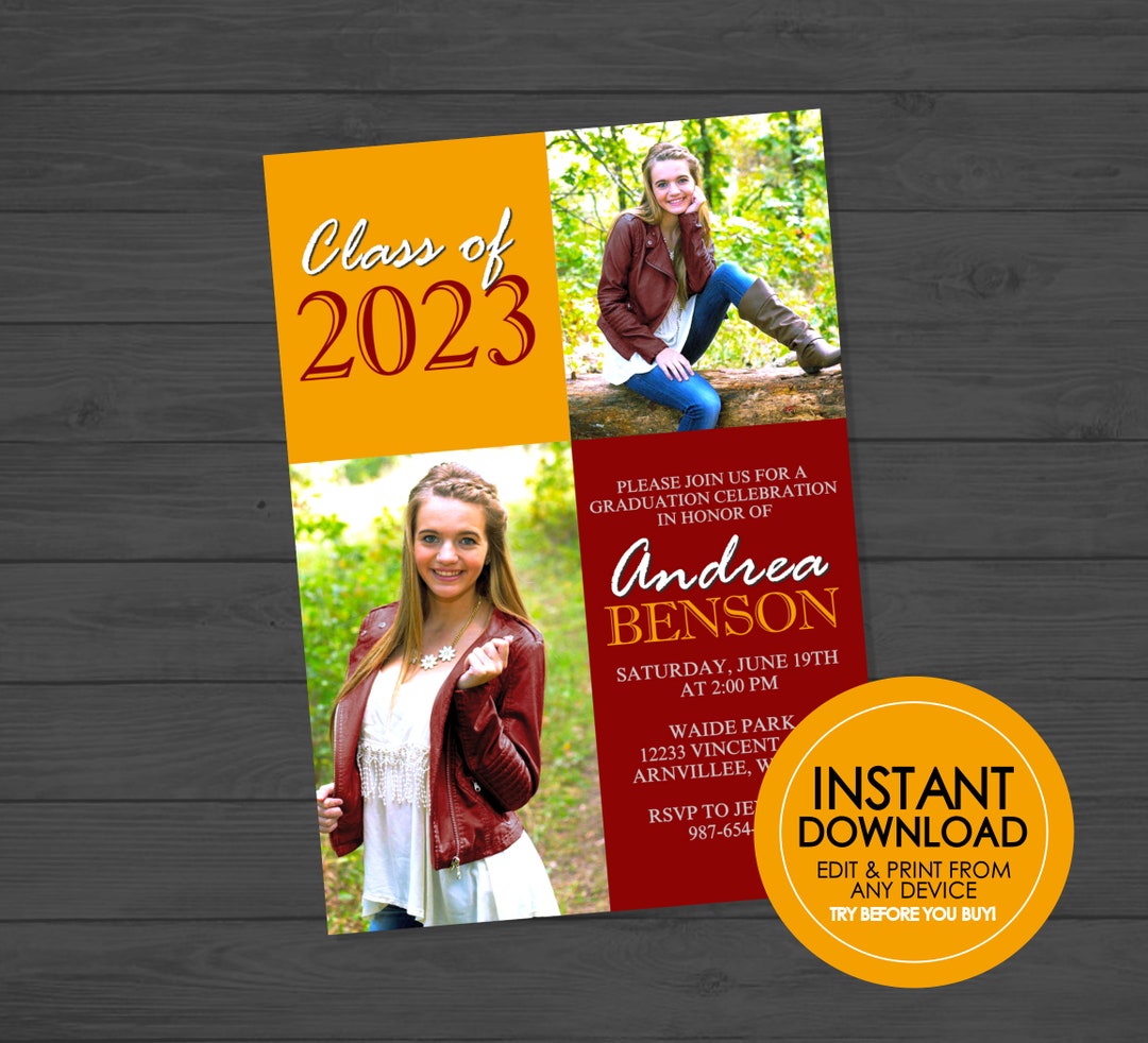 Maroon & Gold Graduation Photo Invitations EDITABLE INSTANT DOWNLOAD ...