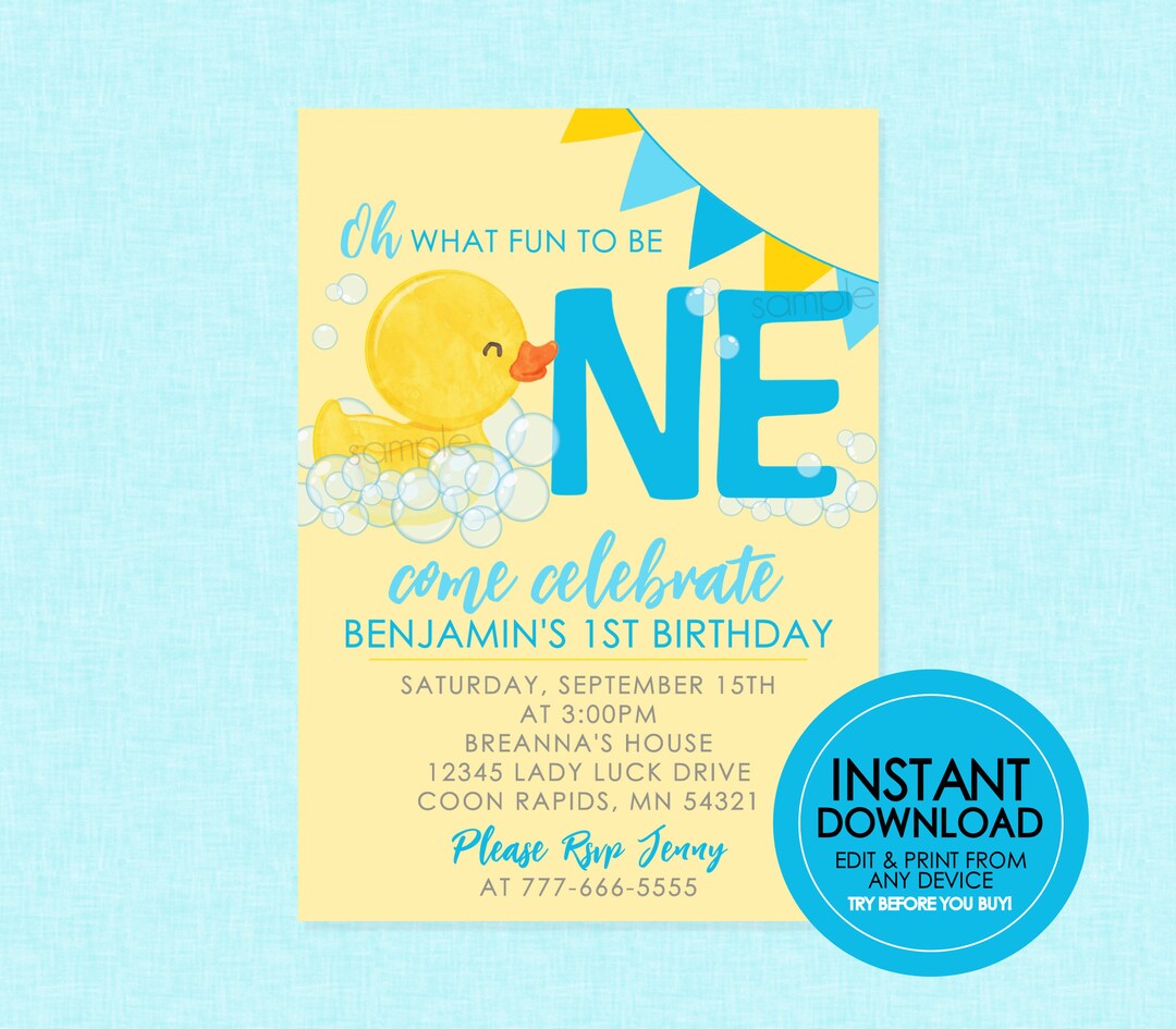 Yellow Rubber Duck Fun to Be One Birthday Invitation - EDITABLE INSTANT ...