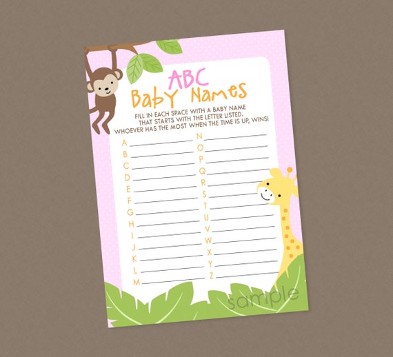 ABC Baby Names Baby Shower Game INSTANT DOWNLOAD Jungle | Etsy