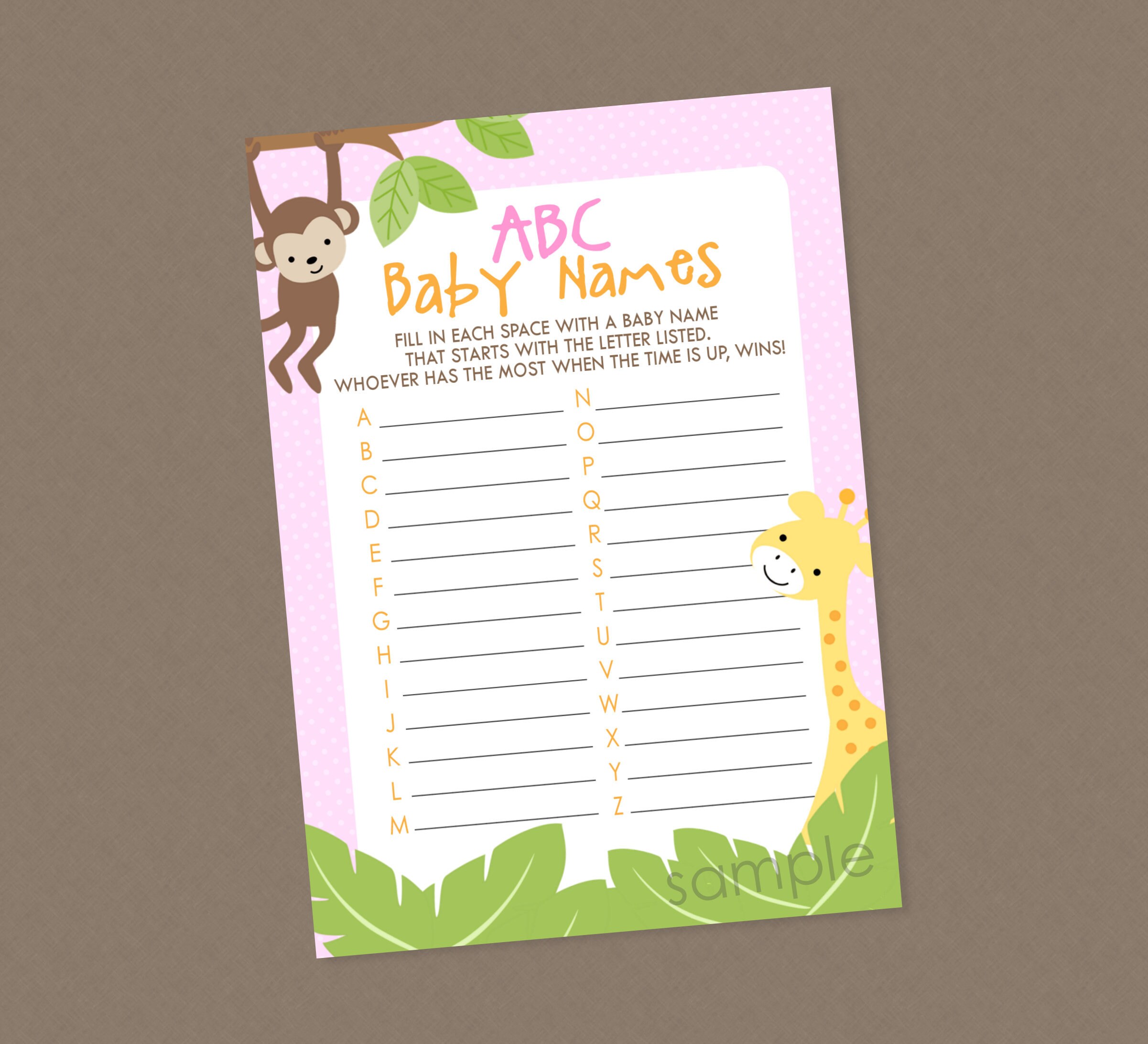 ABC Baby Names Baby Shower Game - INSTANT DOWNLOAD - Jungle Baby Shower ...