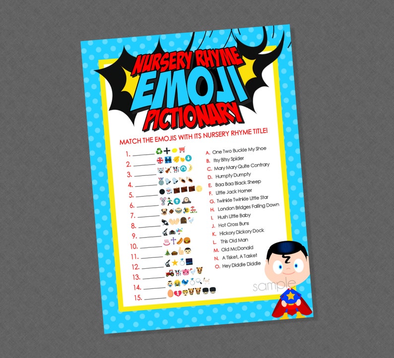 Superhero Emoji Pictionary Baby Shower Game - INSTANT DOWNLOAD - Super ...