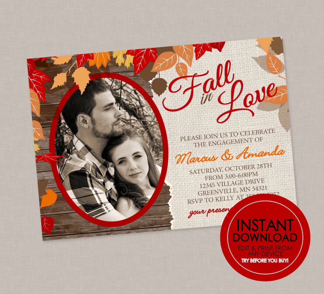 Fall in Love Photo Invitation EDITABLE INSTANT DOWNLOAD Fall Wedding ...