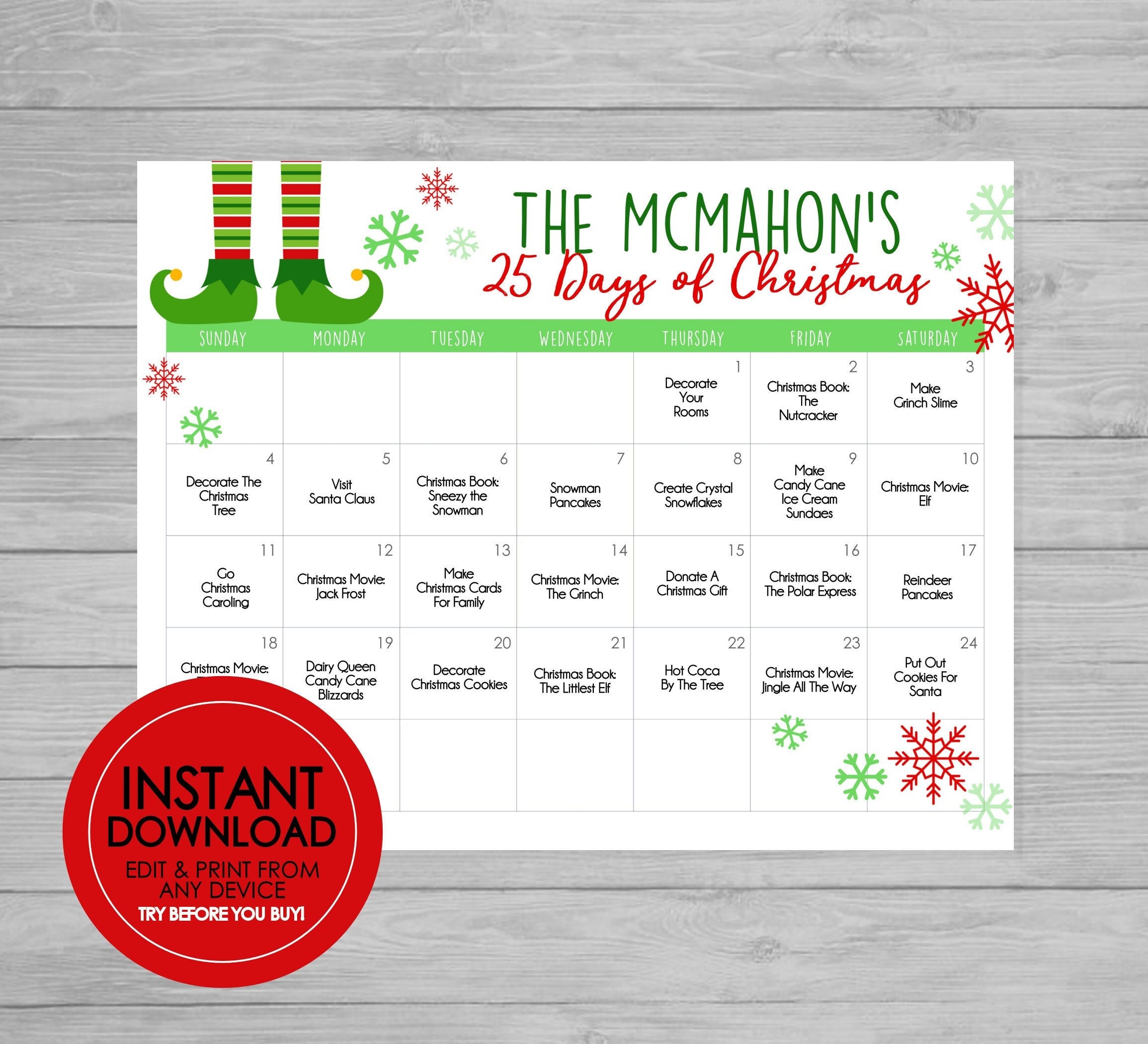 25 Days of Christmas Activity Calendar EDITABLE INSTANT - Etsy