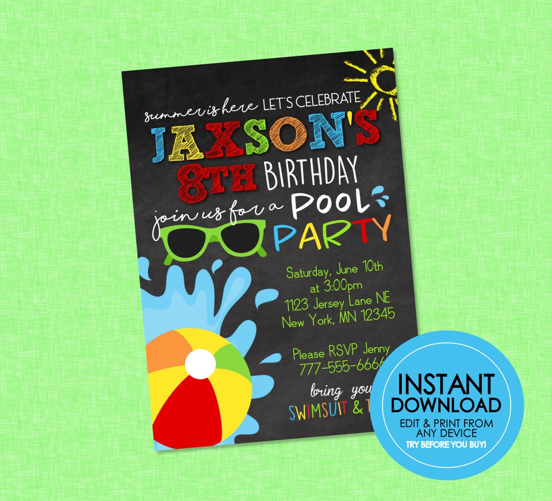 Swim Birthday Pool Party Invites - EDITABLE INSTANT DOWNLOAD ...