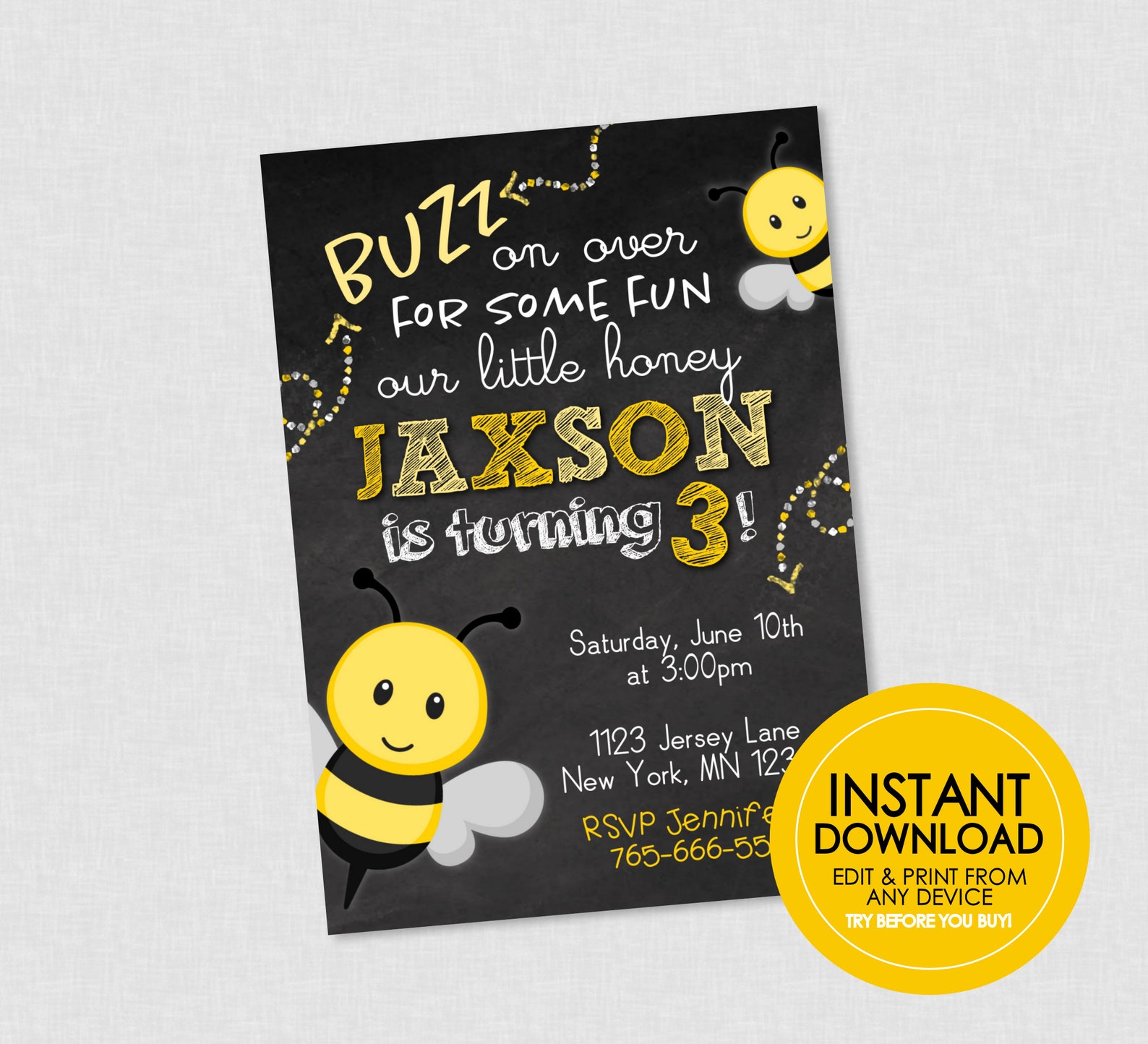 Bee Birthday Invitation EDITABLE INSTANT DOWNLOAD Bee - Etsy
