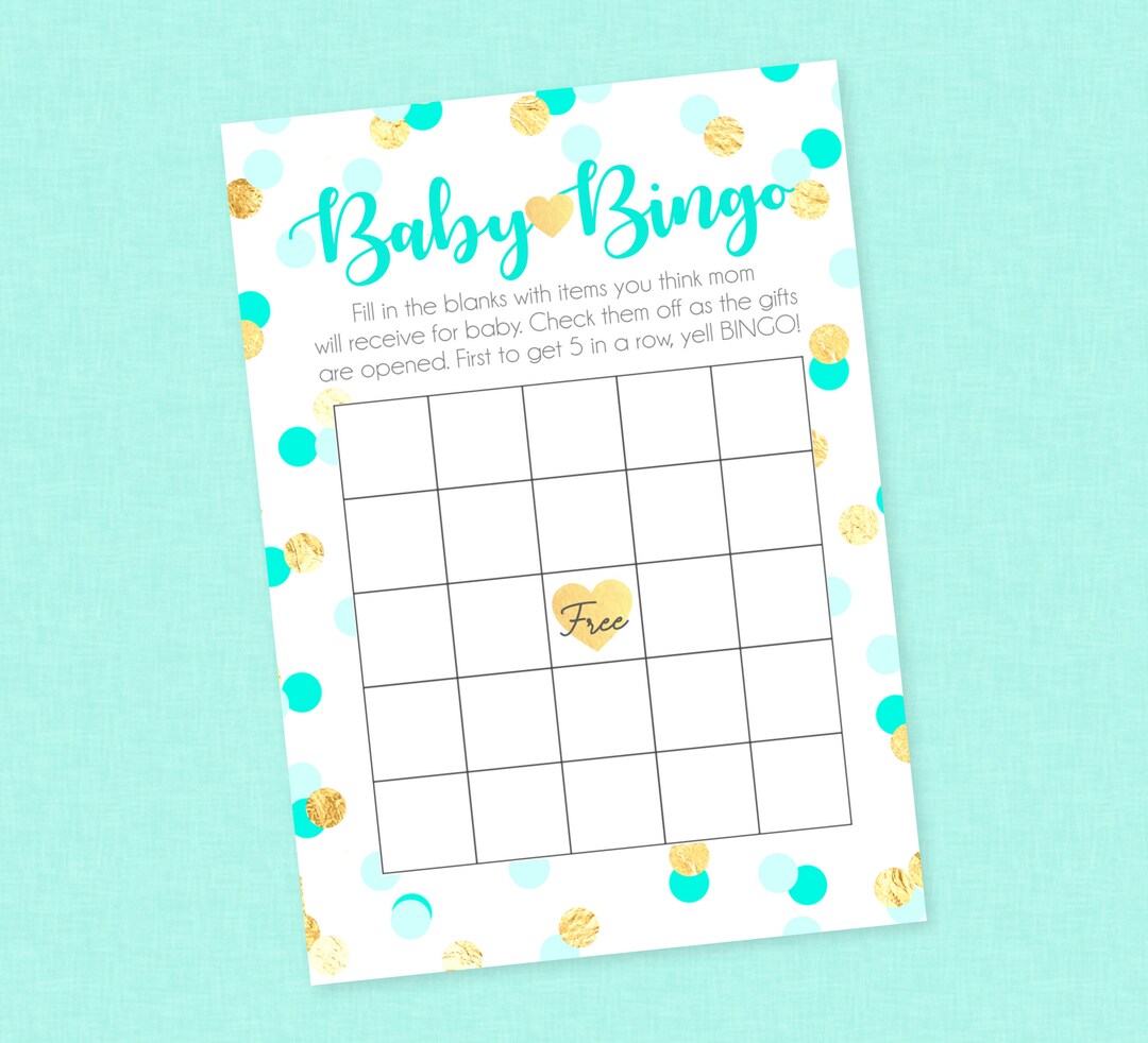 Boy Mint & Gold Confetti Baby Shower Bingo - INSTANT DOWNLOAD - Baby ...