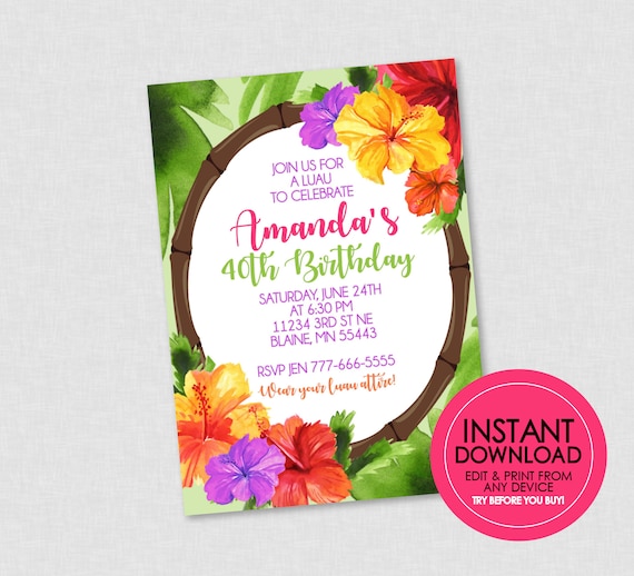 Luau Party Invitation EDITABLE INSTANT DOWNLOAD | Etsy