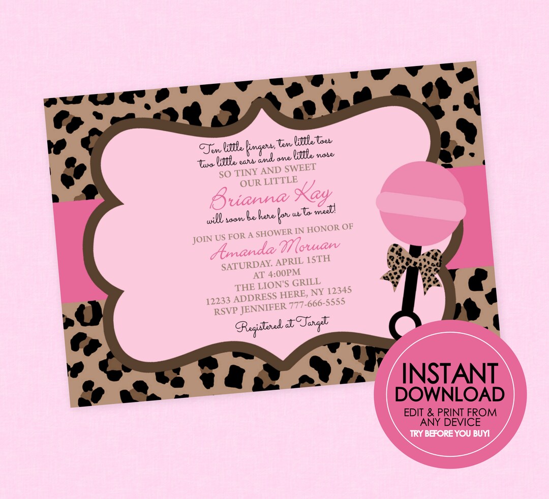 Leopard and Pink Baby Shower Invitation - INSTANT DOWNLOAD - Edit ...