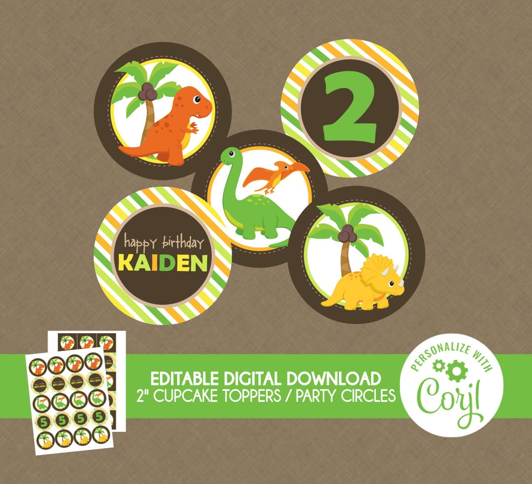 Dinosaur Birthday Cupcake Toppers / Party Circles - EDITABLE INSTANT ...