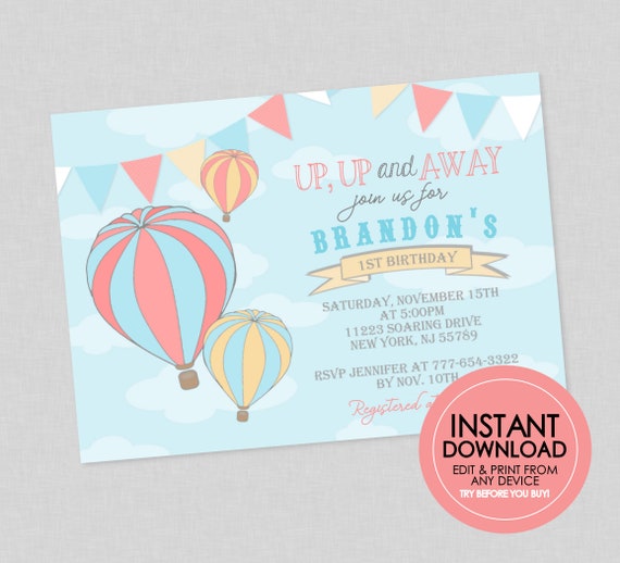 Hot Air Balloon Birthday Invitation EDITABLE INSTANT - Etsy