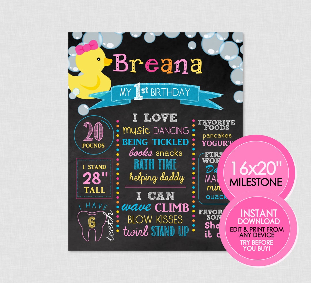 Girl Rubber Duck Milestone Chalkboard - EDITABLE INSTANT DOWNLOAD ...