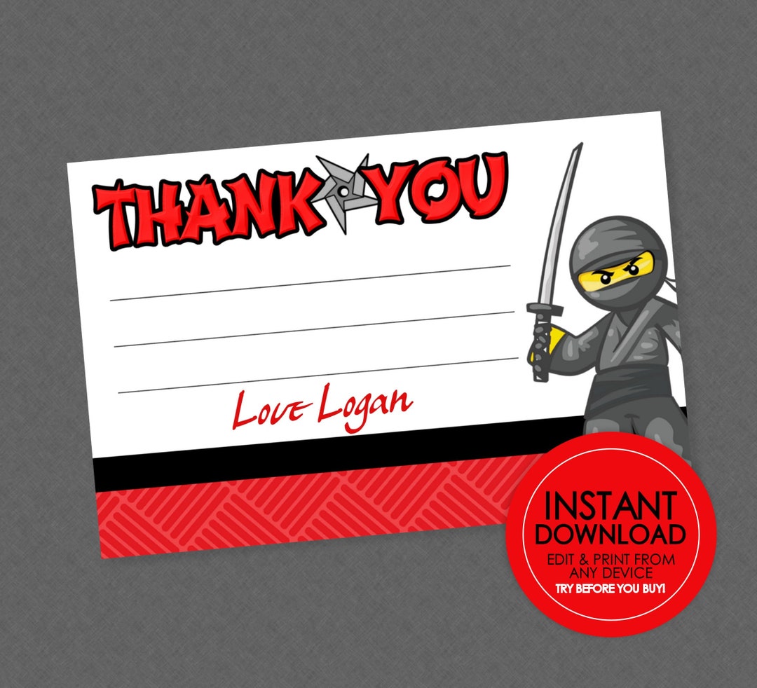 Ninja Birthday Thank You - EDITABLE INSTANT DOWNLOAD - Ninja Thank You ...