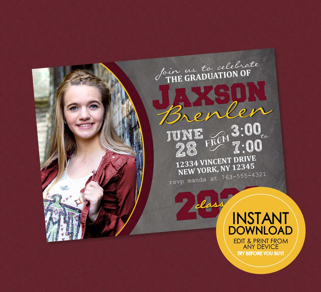 Maroon & Gold Graduation Chalkboard Invitations EDITABLE INSTANT ...