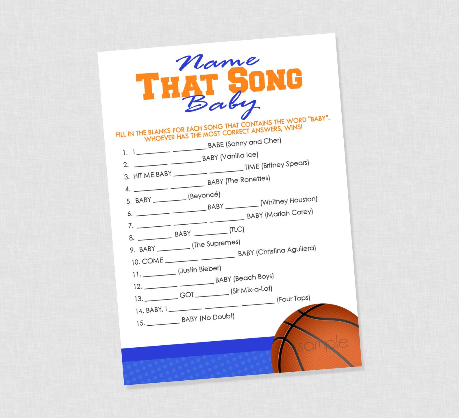 Blue Basketball Name That Song Baby Shower Game - INSTANT DOWNLOAD ...