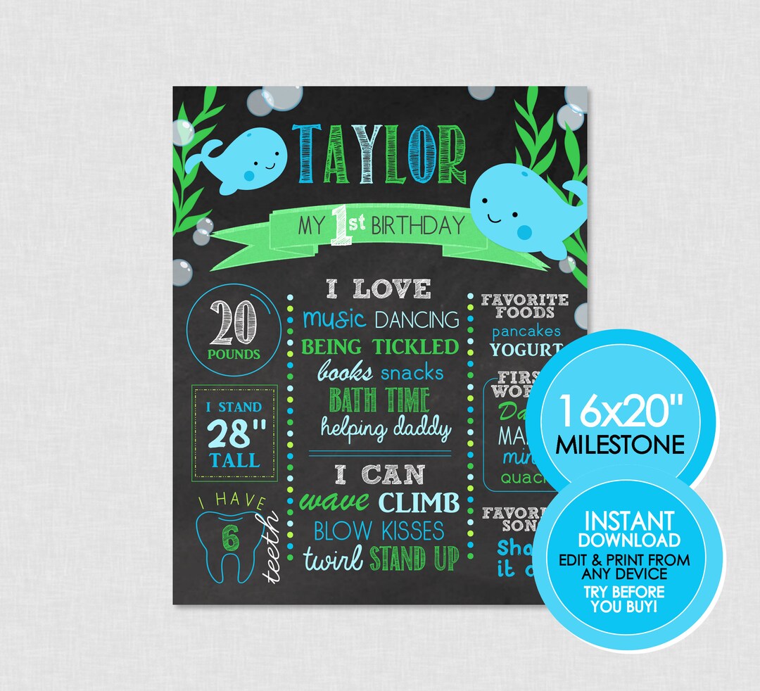 Whale Birthday Milestone Chalkboard - EDITABLE INSTANT DOWNLOAD - Under ...