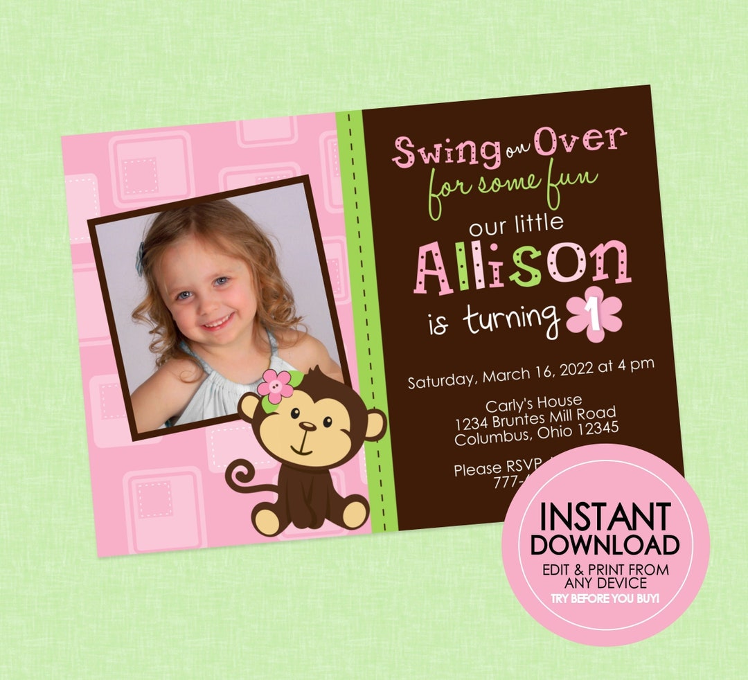 Monkey Girl Birthday Photo Invitation - EDITABLE INSTANT DOWNLOAD ...