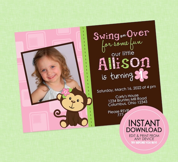 Monkey Girl Birthday Photo Invitation EDITABLE INSTANT - Etsy