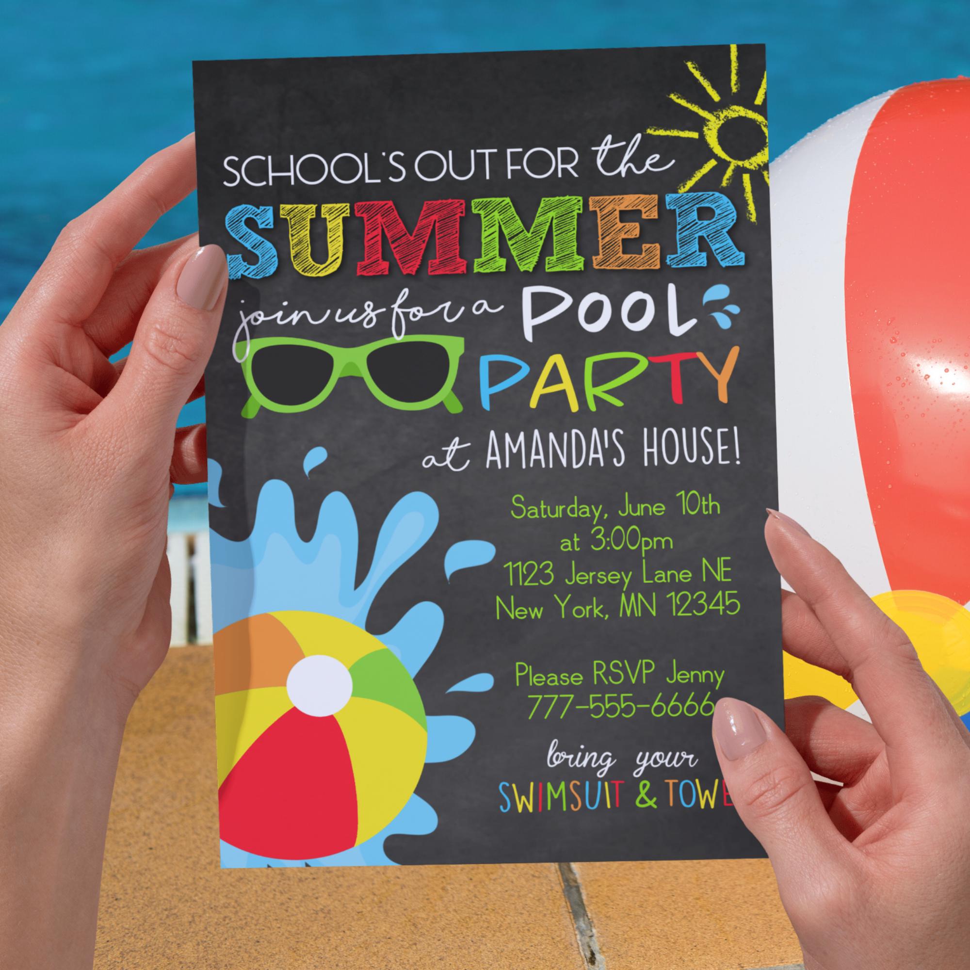 School is Out Summer Pool Party Chalkboard Invitation, Pool Party ...