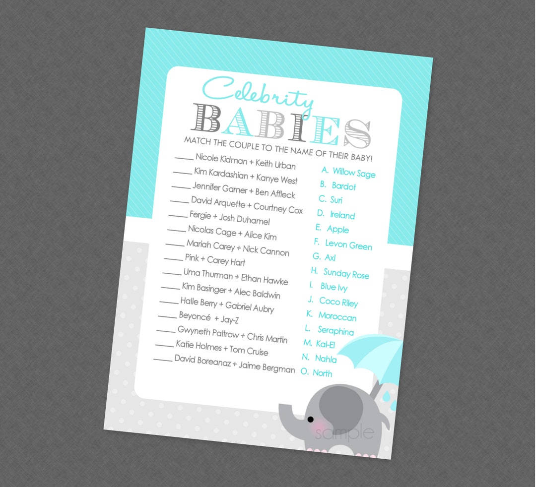 Elephant Celebrity Babies Shower Game - INSTANT DOWNLOAD - Elephant ...