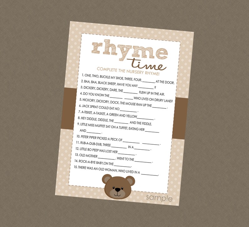 Teddy Bear Nursery Rhyme Shower Game INSTANT DOWNLOAD Bear - Etsy