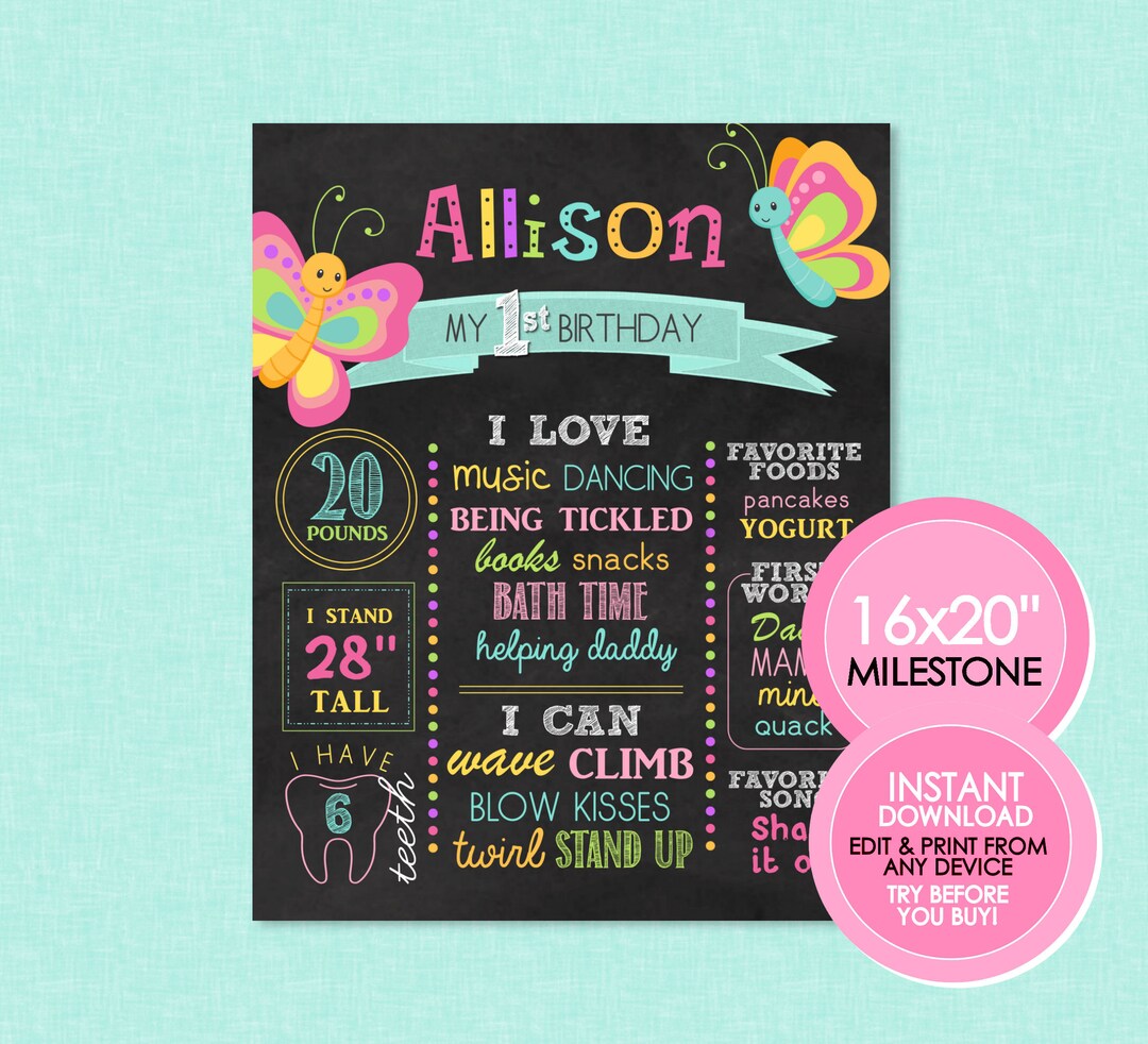 Butterfly Birthday Milestone Poster - EDITABLE INSTANT DOWNLOAD ...