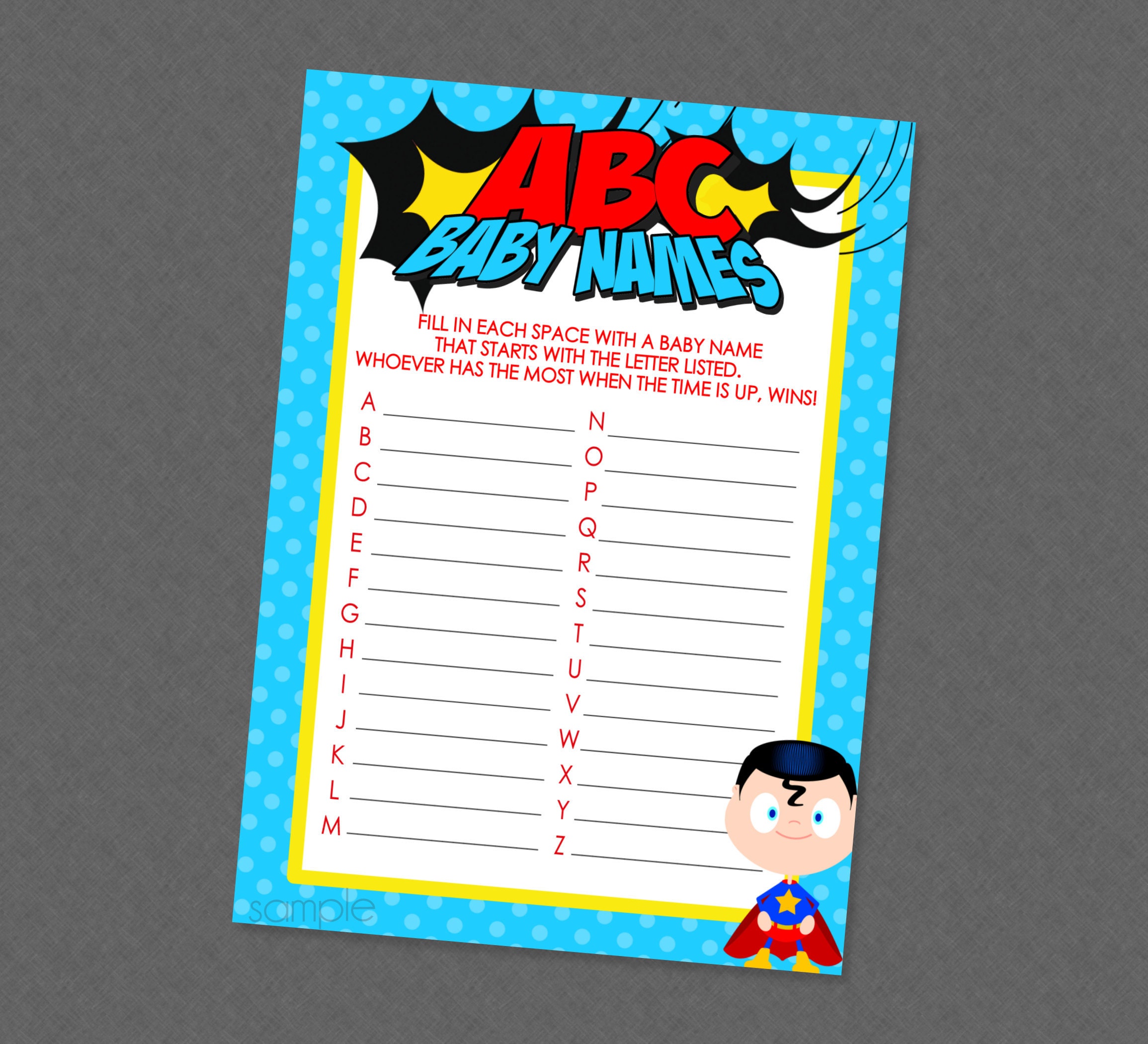 Superhero ABC Baby Names Shower Game - INSTANT DOWNLOAD - Superhero ...