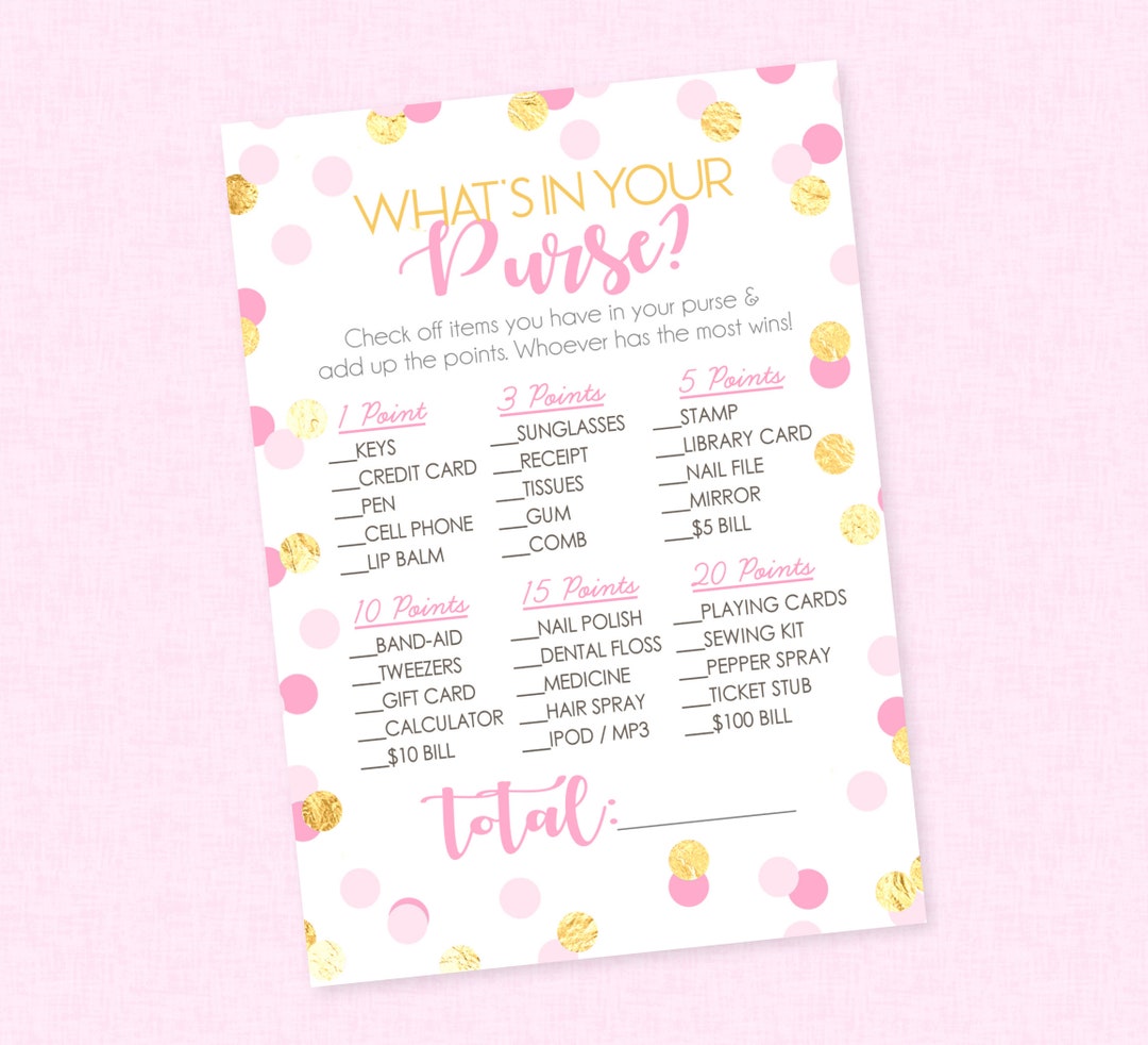 Pink & Gold Confetti What's in Your Purse Baby Shower Game - INSTANT ...