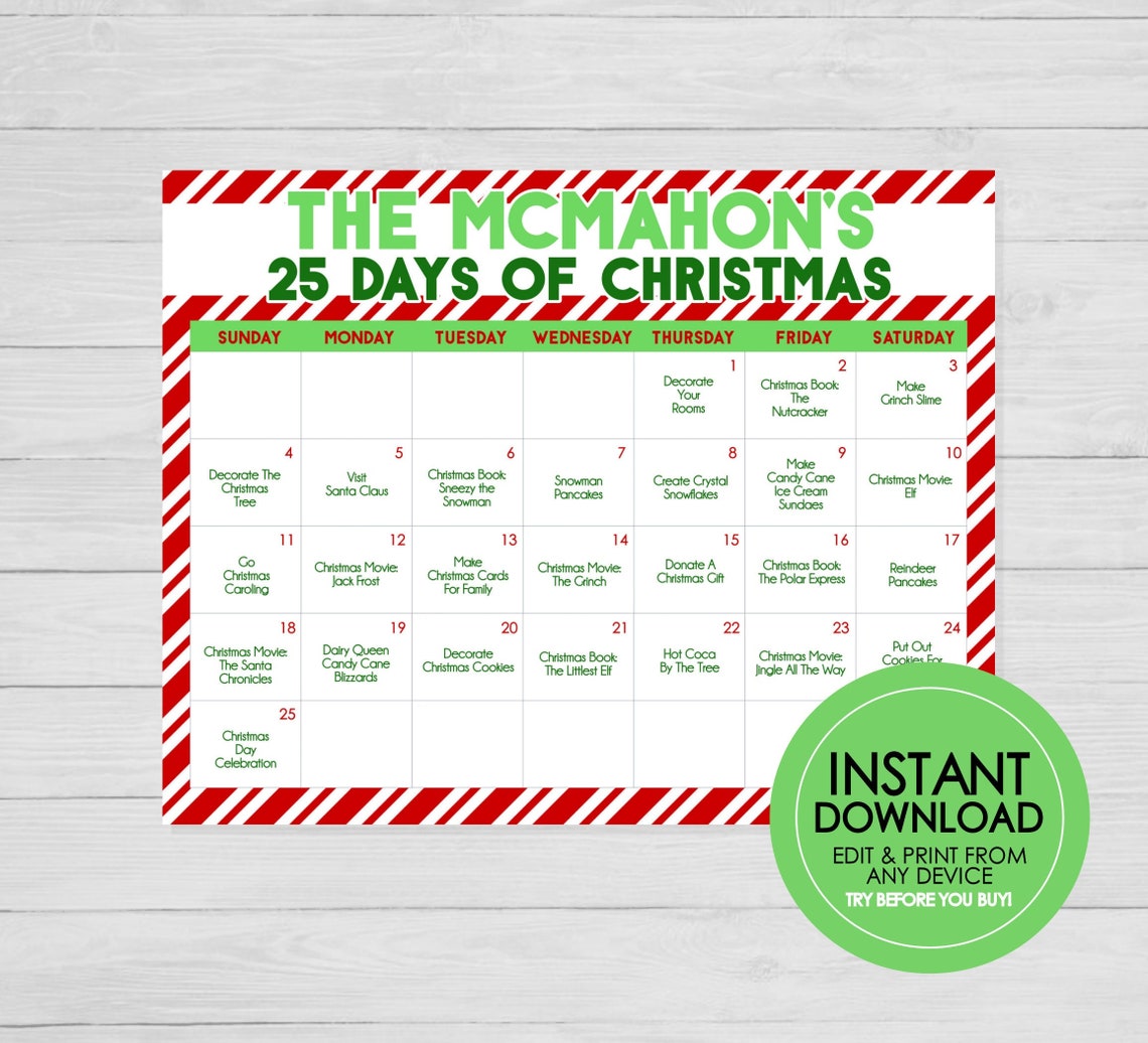 25 Days of Christmas Activity Calendar EDITABLE INSTANT - Etsy