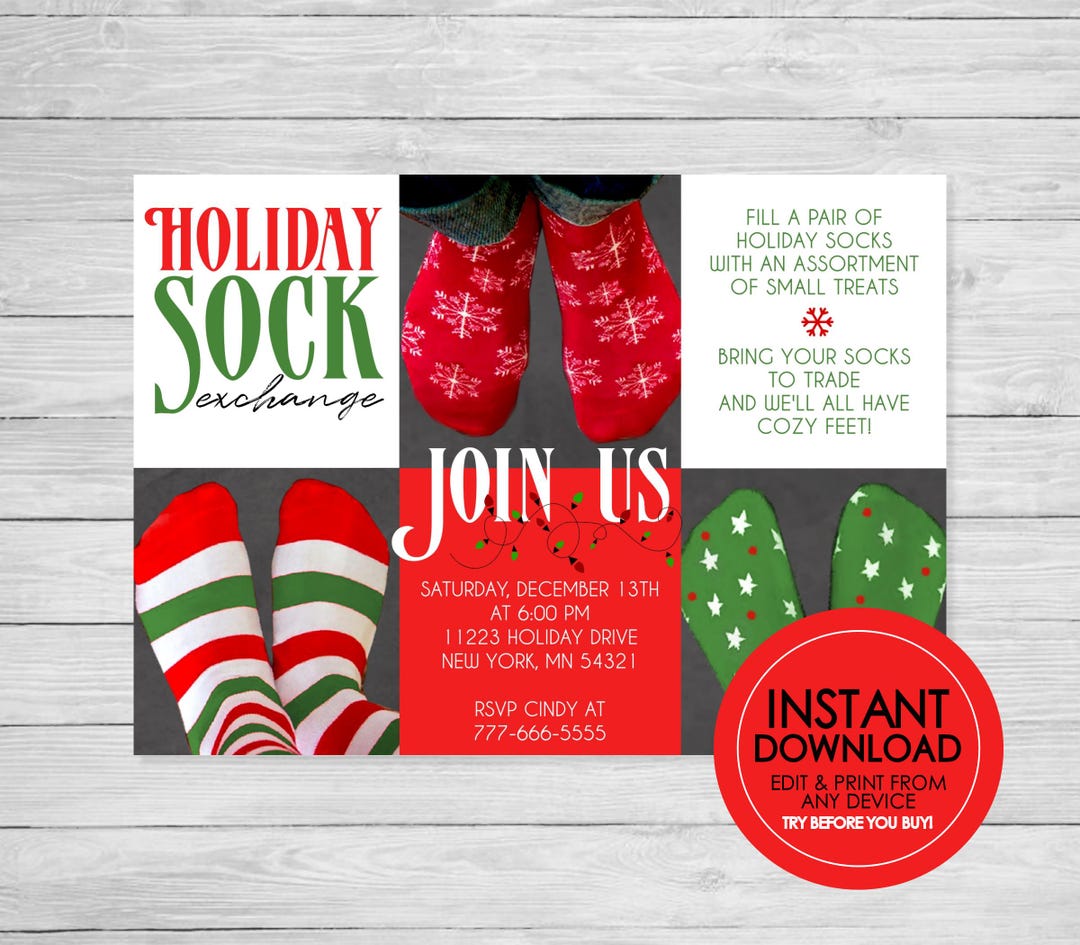 Christmas Sock Exchange Invitation EDITABLE INSTANT DOWNLOAD Holiday ...