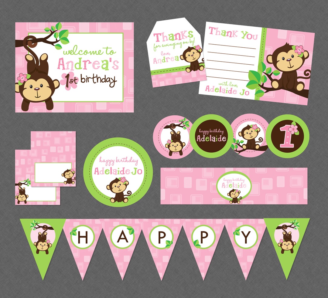 Girl Monkey Birthday Mega Party Pack, Monkey Girl Birthday, Monkey ...