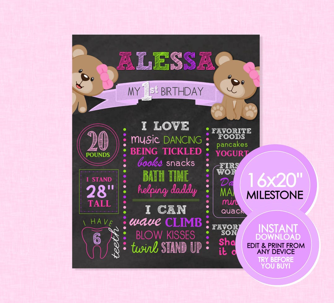Girl Teddy Bear Birthday Milestone Chalkboard - EDITABLE INSTANT ...